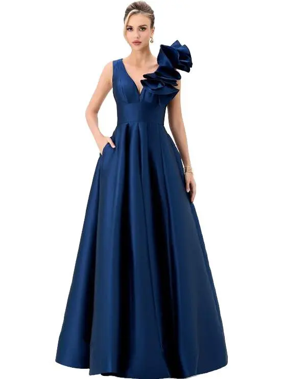 BARIANO Mirella V-neck Ruffle Gown - Navy