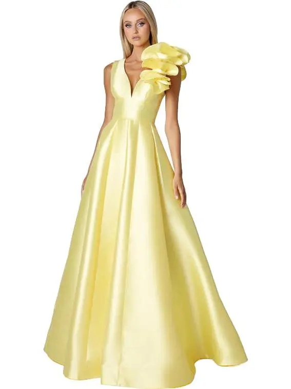 BARIANO Mirella V-neck Ruffle Gown - Yellow