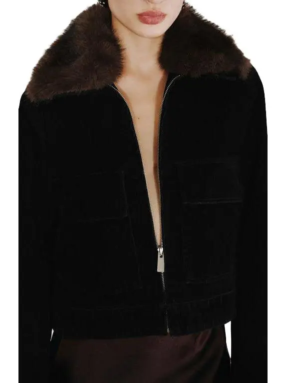 Mango Velvet Jacket With Faux Fur Collar - Black