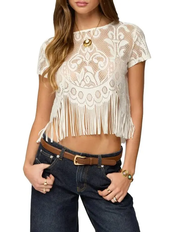 EDIKTED Lace Fringe Crop T-shirt - Cream