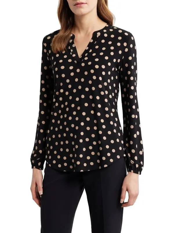 Anne Klein Polka Dot Split Neck Blouse - Anne Black/latte