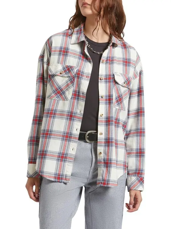 Brixton Bowery Plaid Cotton Flannel Overshirt - Off White/berring Sea/red