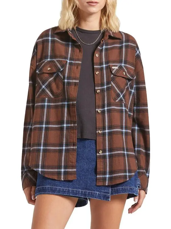 Brixton Bowery Plaid Cotton Flannel Overshirt - Pinecone Brown/black/borrowed