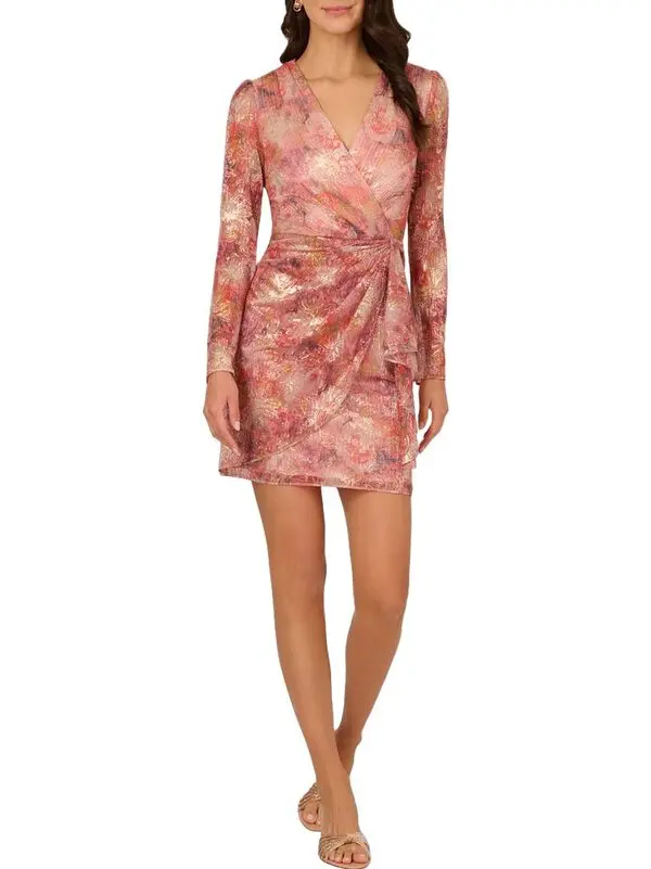 Adrianna Papell Printed Metallic Crinkle Long Sleeve Dress - Blush Multi