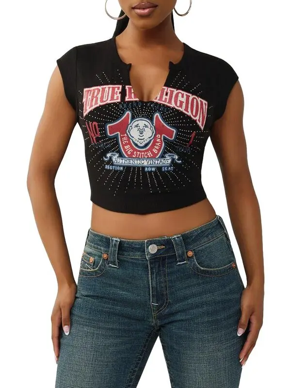 True Religion Crop Distressed Buddha Graphic T-shirt - Jet Black
