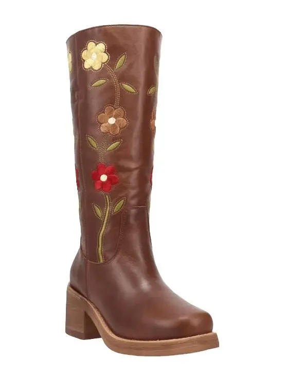 DINGO Embroidered Block Heel Boots - Brown