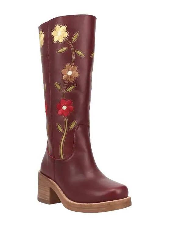 DINGO Embroidered Block Heel Boots - Merlot