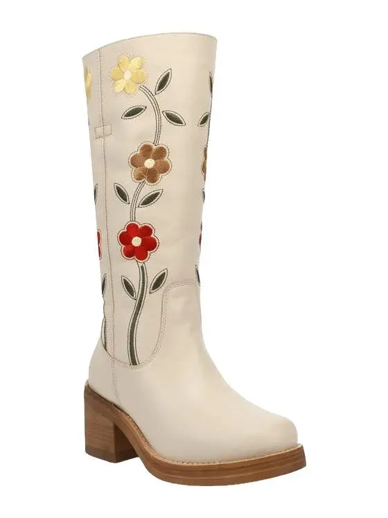 DINGO Embroidered Block Heel Boots - Off White