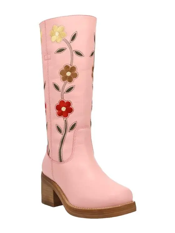DINGO Embroidered Block Heel Boots - Pink