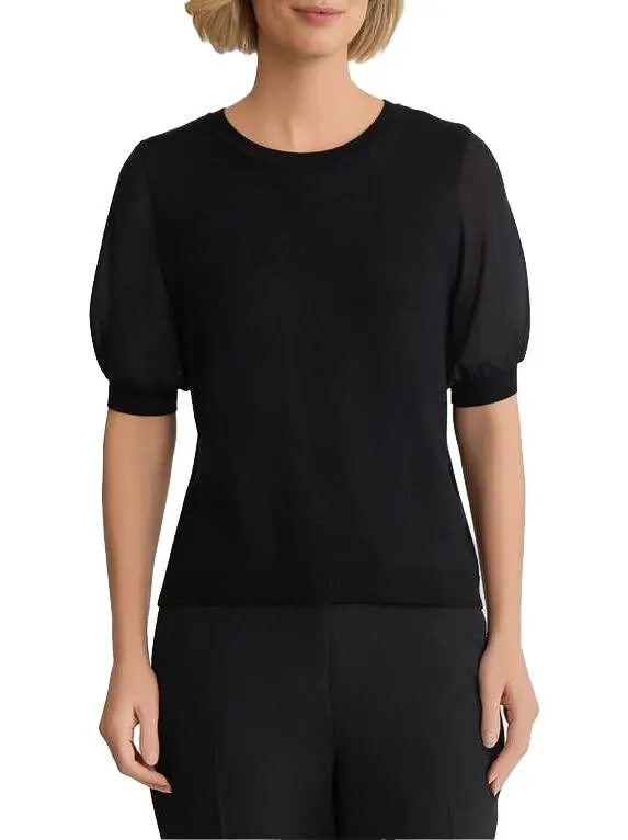 KASPER Mixed Media Sweater With Puff Sleeves - Black