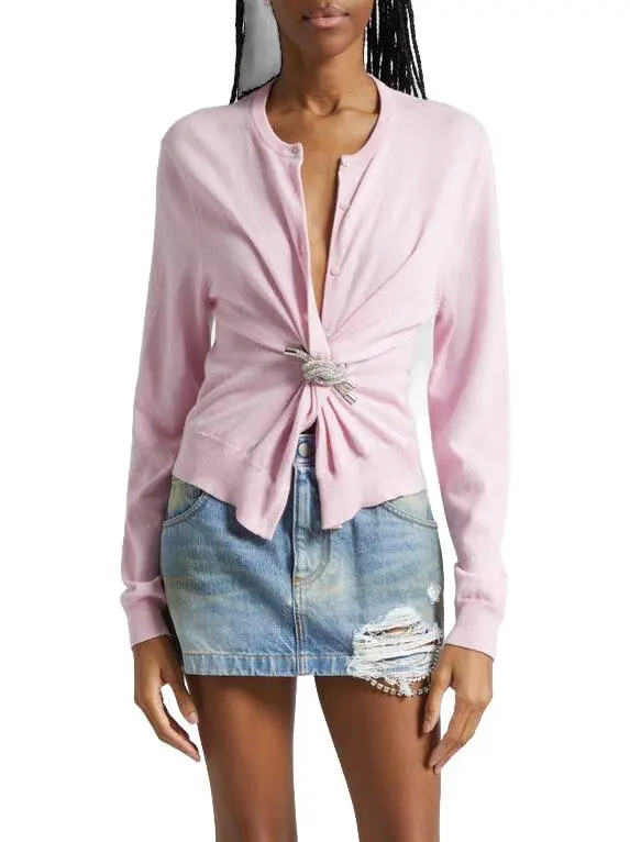 AREA Crystal Knot Cotton & Cashmere Cardigan - Pastel Pink