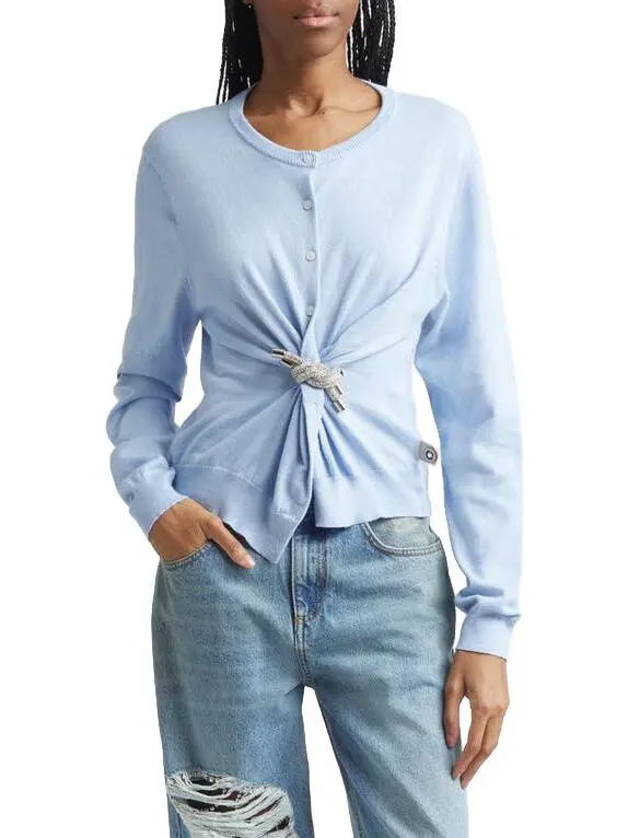 AREA Crystal Knot Cotton & Cashmere Cardigan - Powder Blue