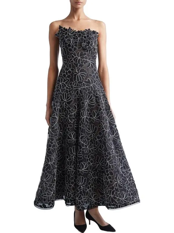 Lela Rose Strapless Floral Lace Gown - Black/ivory