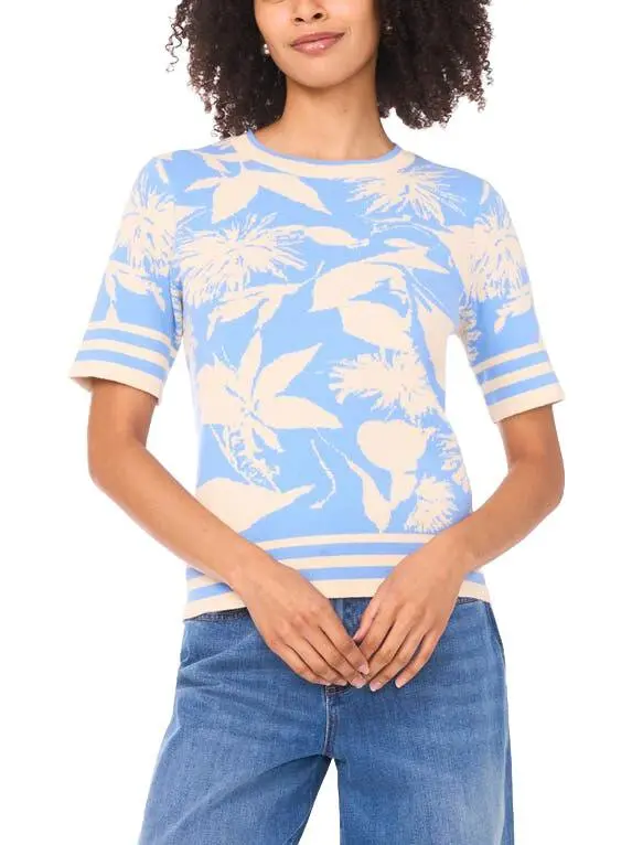 Vince Camuto Floral Jacquard Cotton Sweater - Cerulean Sky