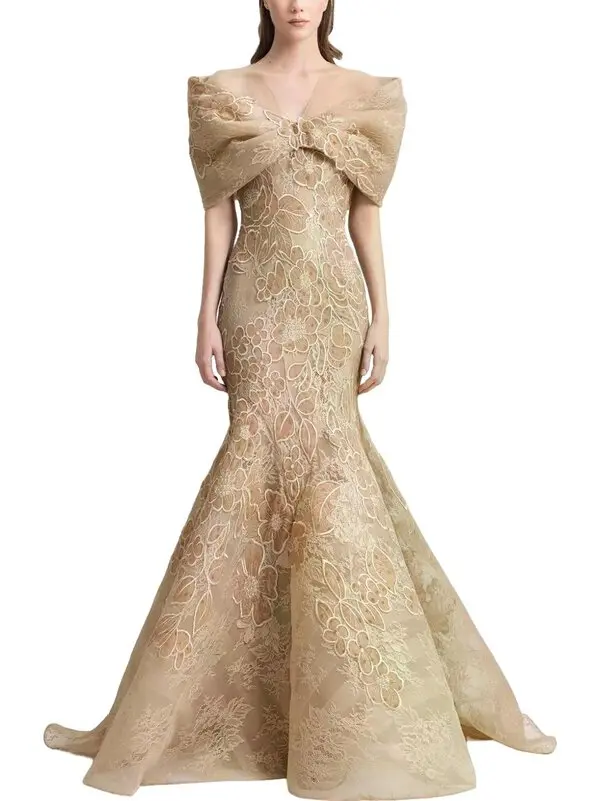GEMY MAALOUF Floral-embroidered Gown - Neutrals