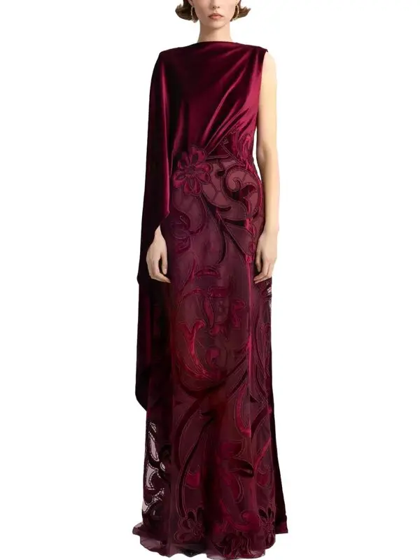 GEMY MAALOUF Velvet-trim Embroidered Maxi Dress - Red