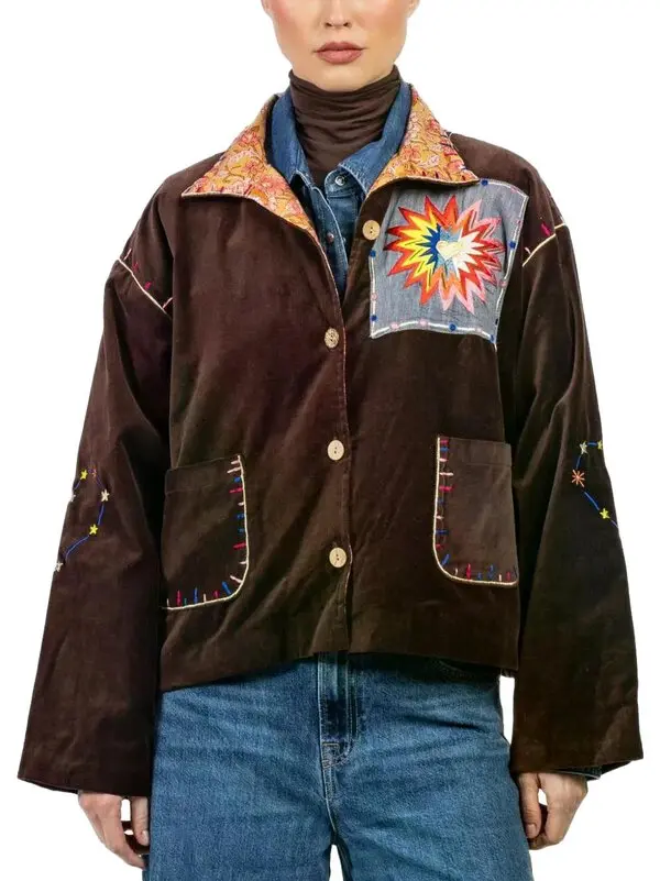 FISH CLUB Embroidered Patchwork Jacket - Brown