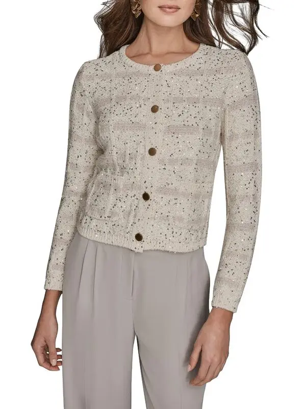 Donna Karan New York Sequin Crop Cotton & Wool Blend Cardigan - Cream