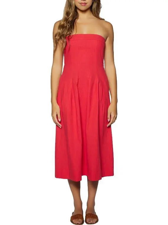 LOST + WANDER Ruby Breeze Strapless Cotton & Linen Midi Dress - Red