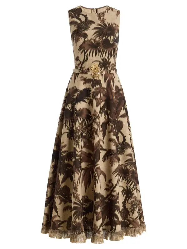 Oscar De La Renta Sleeveless Palm Print Midi Dress - Brown