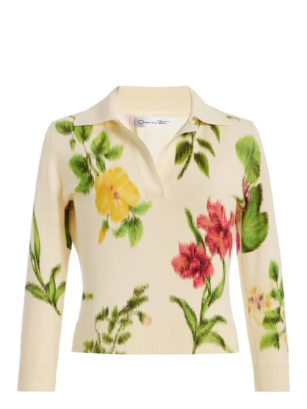 Oscar De La Renta Floral Print Virgin Wool Top - Ivory