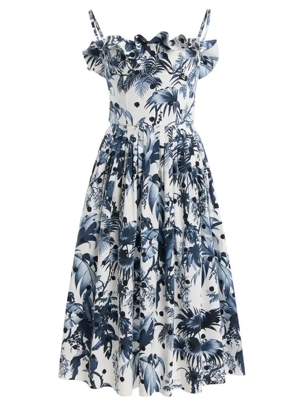 Oscar De La Renta Dotted Palms Printed Midi Dress - Navy
