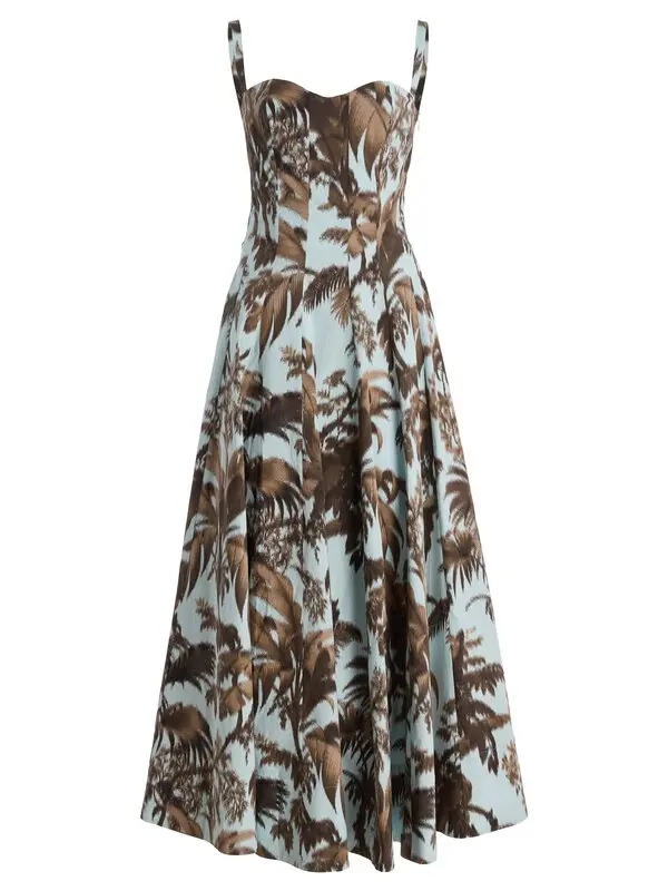 Oscar De La Renta Palm-printed Stretch Cotton-poplin Midi Dress - Brown