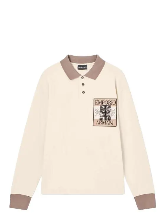 Emporio Armani Piqué Polo Shirt With Patch And Tribal Print - Natural