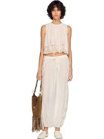 Sandro Sleeveless Broderie Anglaise Crop Top - Brown / Neutral
