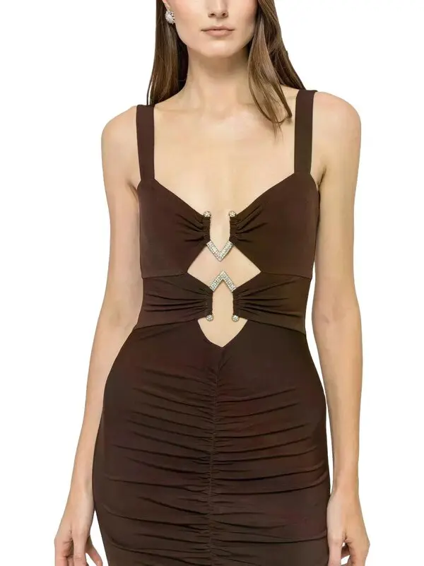 NISSA Ruched Embellished Midi Dress - Brown