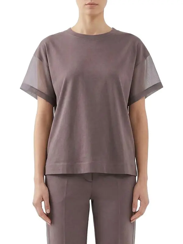 Brunello Cucinelli T-shirt With Sheer Sleeves - Brown