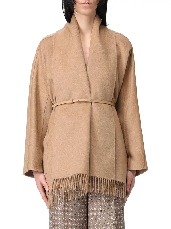 Max Mara Belted Shawl Collar Coat With Fringe - Camel