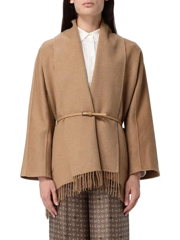 Max Mara Short Pure Wool Cape With Shawl Collar And Fringes - Camel