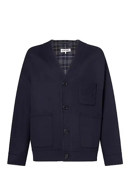 Loewe Anagram V-neck Wool And Cashmere Cardigan - Navy/grey