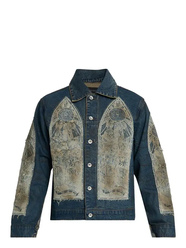 WHO DECIDES WAR BY EV BRAVADO Mechanic Embroidered Patchwork Trucker Jacket - Denim
