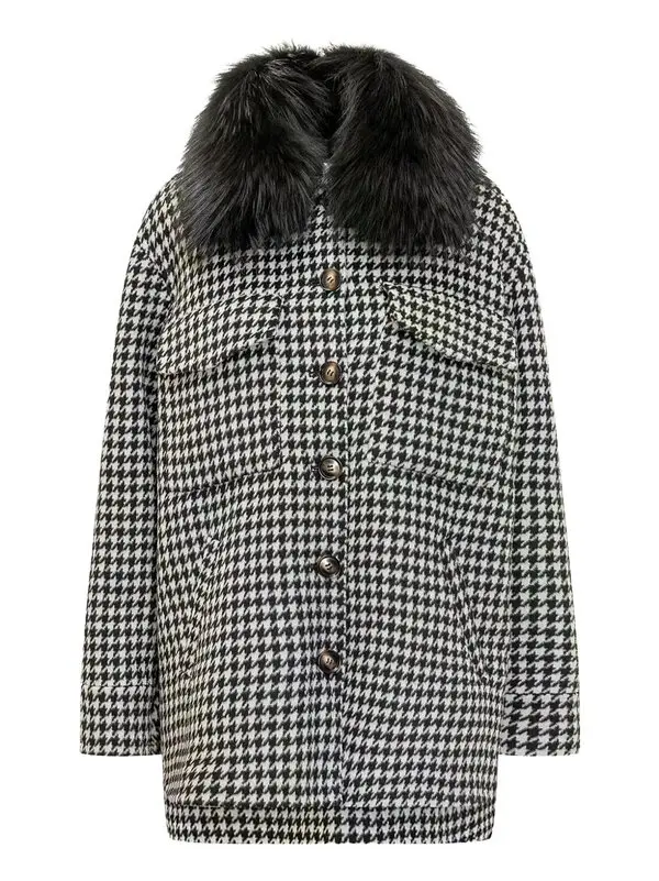 AVA ADORE Houndstooth Coat With Fur Collar - White