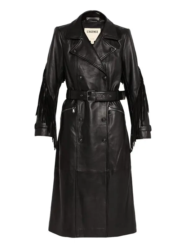 L'Agence Celina Leather Fringe Trench Coat - Black