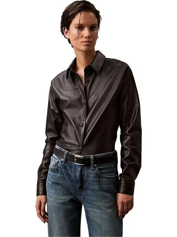 Calvin Klein Lamb Leather Button-down Shirt - Black Beauty