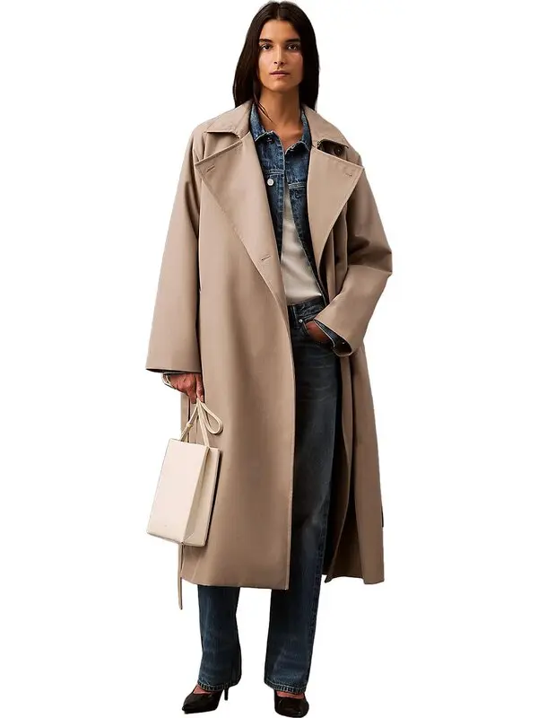 Calvin Klein Long Wool Twill Blend Trench Coat - Overcast