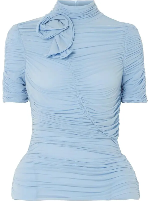 Magda Butrym Ruched Appliquéd Stretch-mesh Peplum Turtleneck Top - Blue