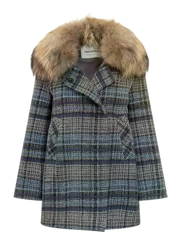 AVA ADORE Checked Patterned Coat With Fur Collar - Grey