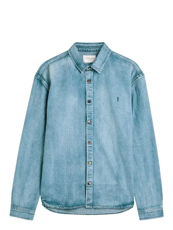 Saint Laurent Logo-embroidered Denim Shirt - Blue