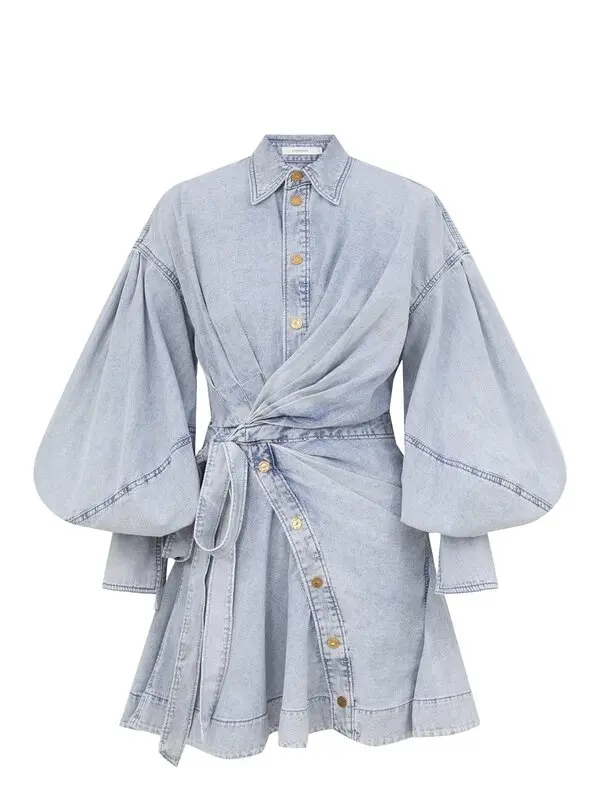 Zimmermann Rebellion Denim Wrap Mini Dress - Light Blue