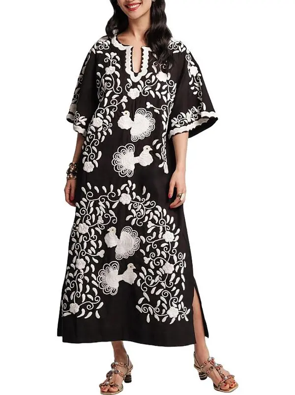 FRANCES VALENTINE Embroidered Cotton-linen Kaftan - Black/multi
