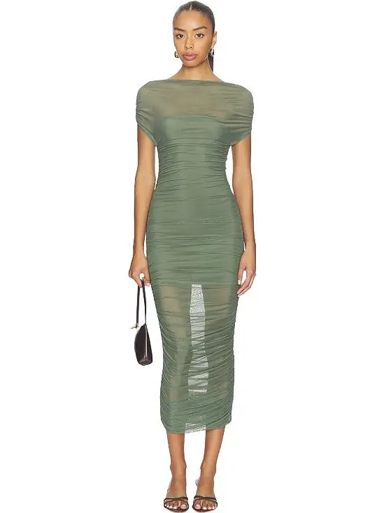 SEROYA Noel Off Shoulder Mesh Midi Dress - Grove Green