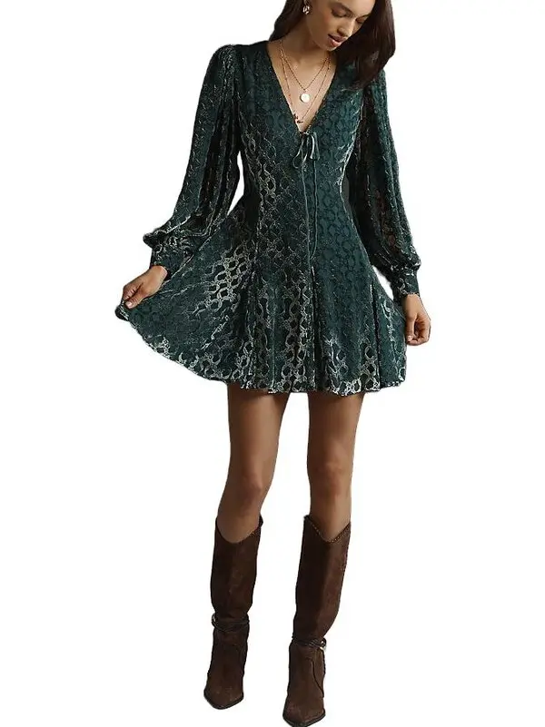 Paige Ambrose Long-sleeve A-line V-neck Mini Dress - Emerald Green