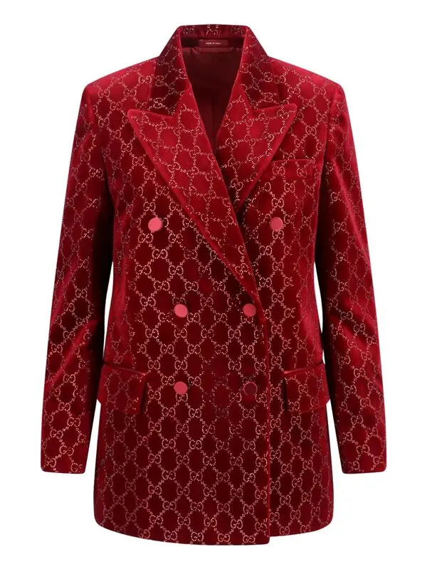 Gucci Double-breasted Velvet Blazer With Crystal Embellishments - Red
