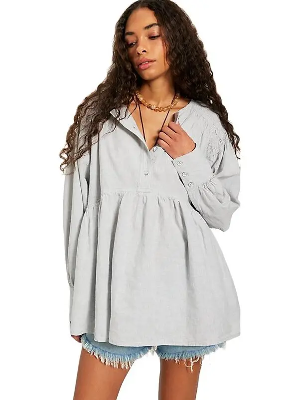Free People Alana Linen Tunic - Blue And White Combo
