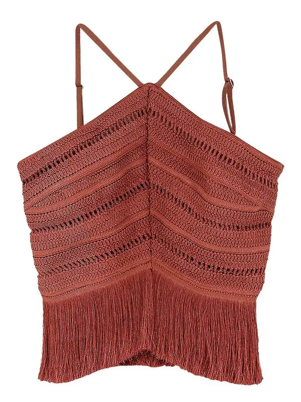 PatBO Asymmetrical Fringe Top - Brown