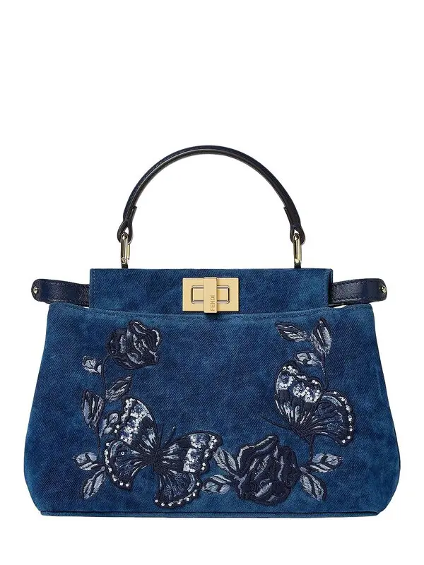 Fendi Peekaboo Mini Denim Crossbody Bag With Embroidery - Blue